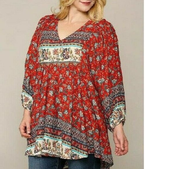 Gigio | Tops | Gigio Tunic Top V Neck Balloon Sleeve Pockets Red Floral ...